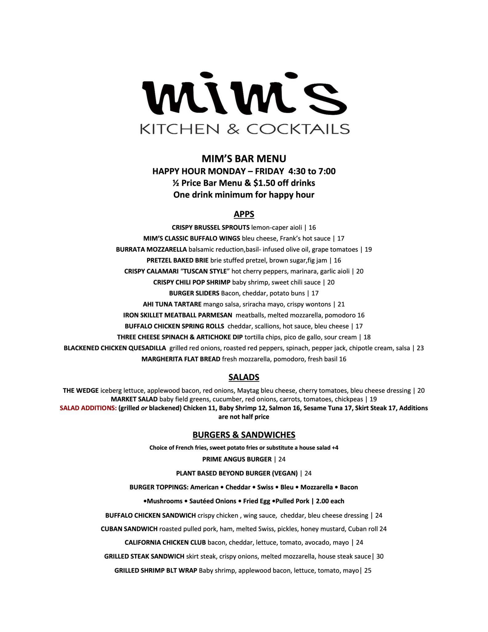 Menus - Mims Restaurant Lounge
